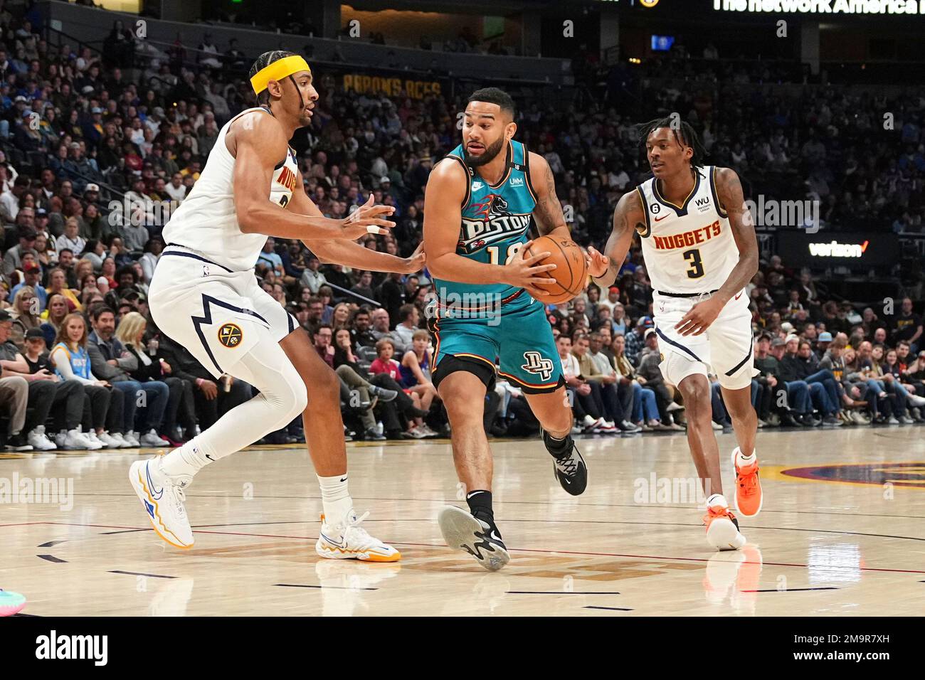 Detroit Pistons guard Cory Joseph drives to the basket against Denver ...