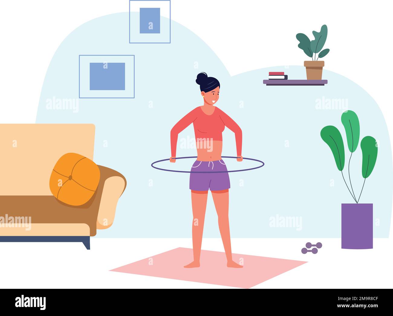 Home workout concept. Woman training in house room interior. Vector ...