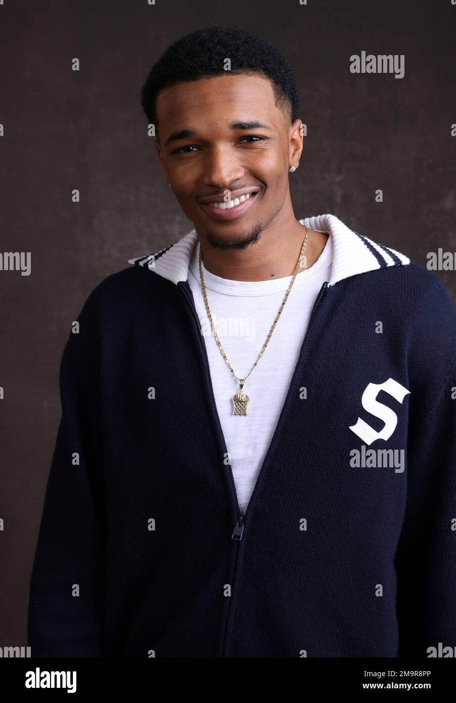 Isaiah Hill, from the Apple TV+ television series "Swagger," poses for ...
