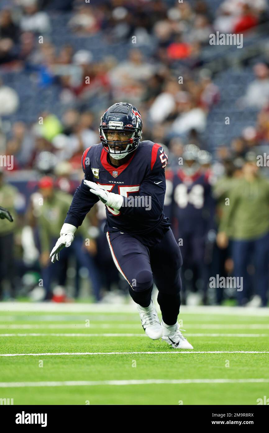 Houston Texans defensive lineman Jerry Hughes (55) rushes during an NFL ...