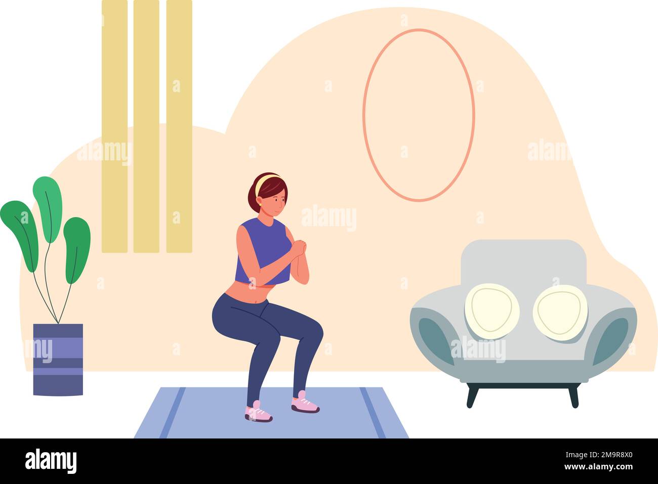 Woman training at home. Fitness in room interior. Sit up workout ...