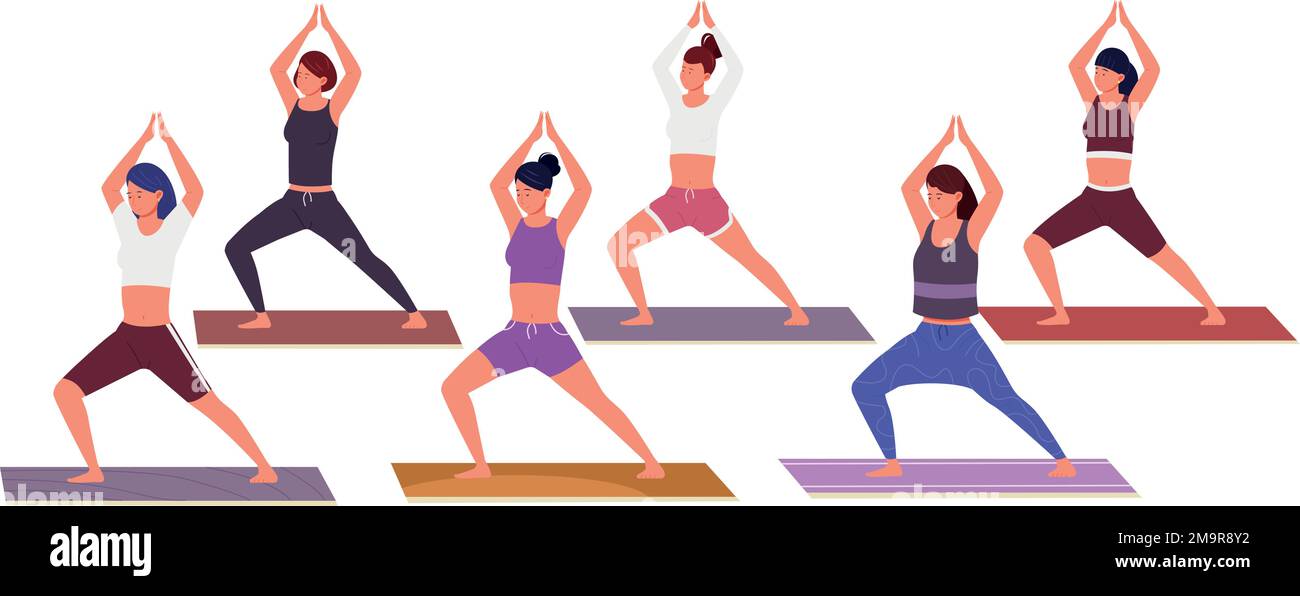 Aerobics class. Women training yoga pose and stretching isolated on ...