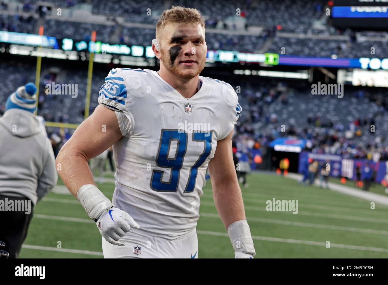 Detroit Lions defensive end Aidan Hutchinson (97) walks off the field after an NFL football game ...