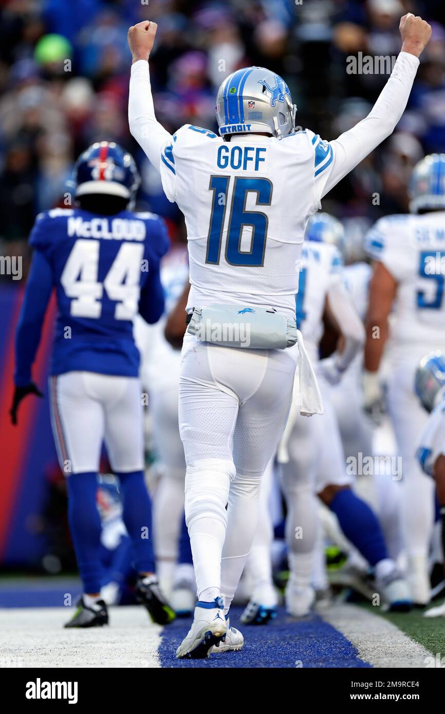 Detroit Lions quarterback Jared Goff (16) reacts to a touchdown against ...