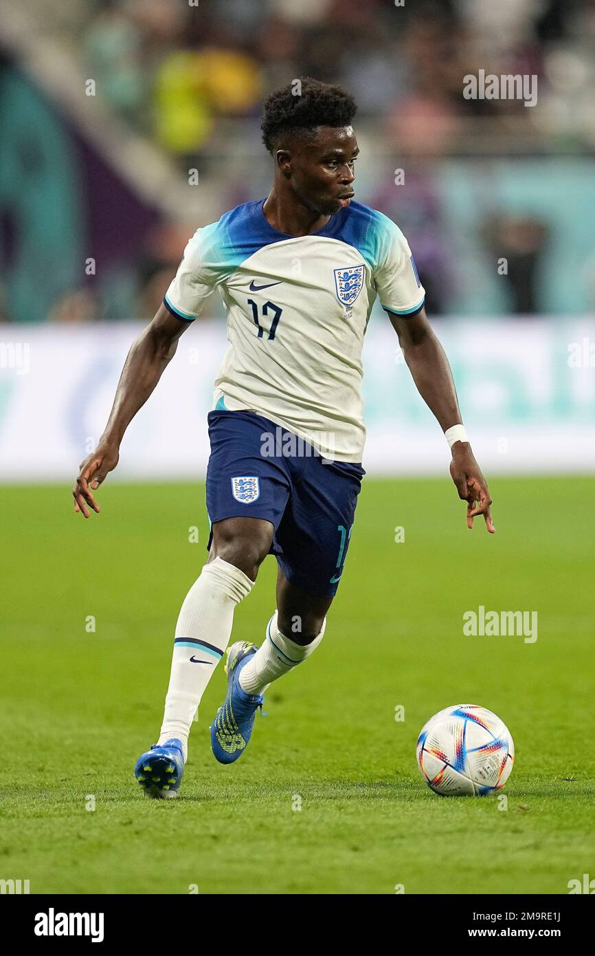 England's Bukayo Saka controls the ball during the World Cup group B ...