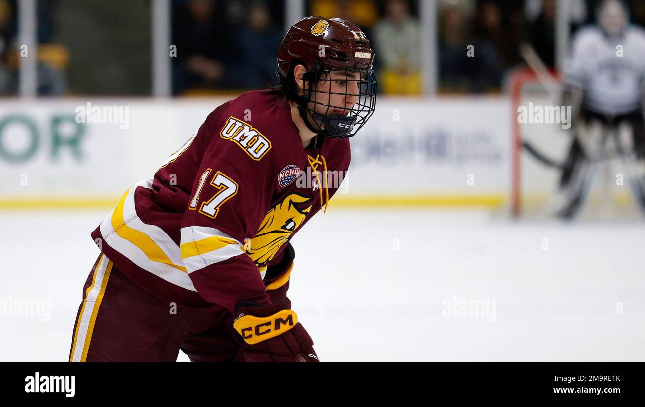Minnesota Duluth's Dominic James plays during an NCAA hockey game on ...