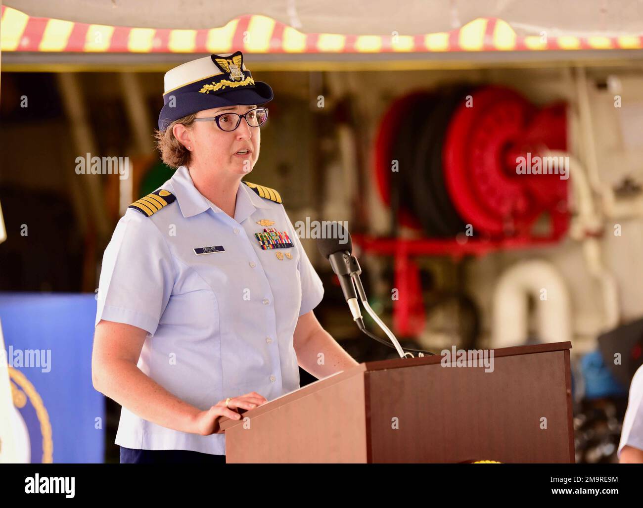 U.S. Coast Guard Capt. Rula Deisher gives a speech during the change-of ...
