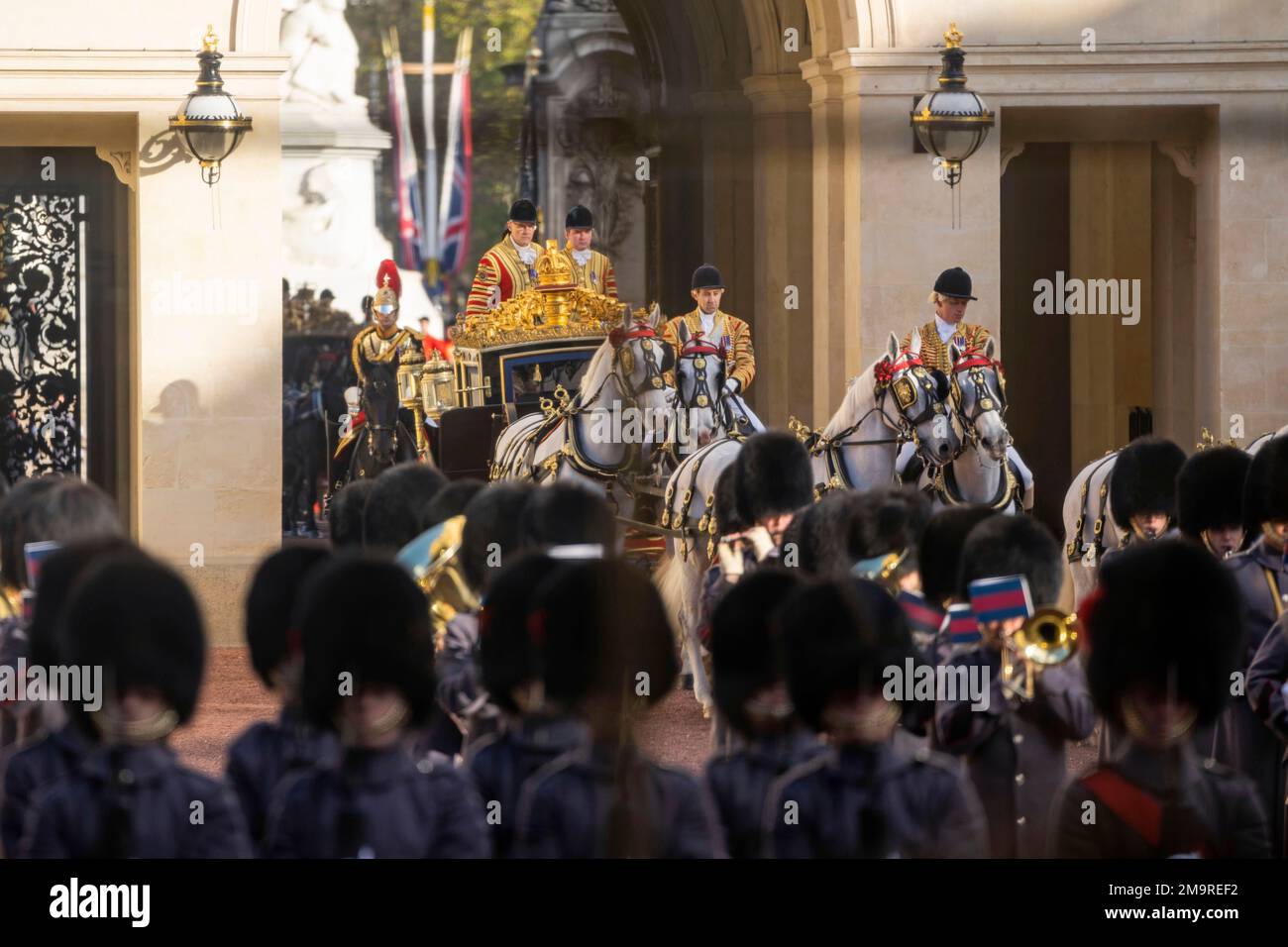 A procession led by a state carriage carrying Britain's King Charles ...