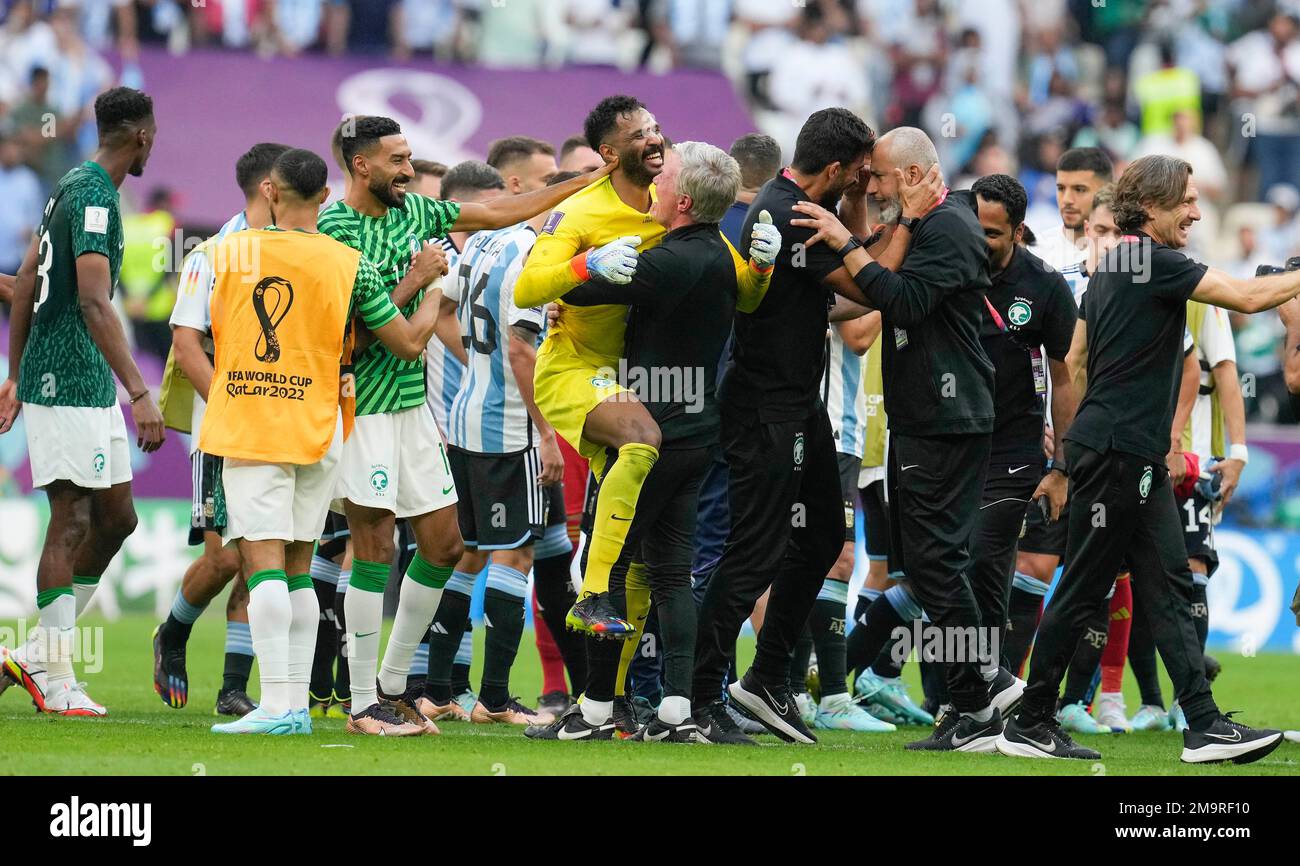 Saudi Arabia's goalkeeper Mohammed Al-Owais celebrates with his team ...