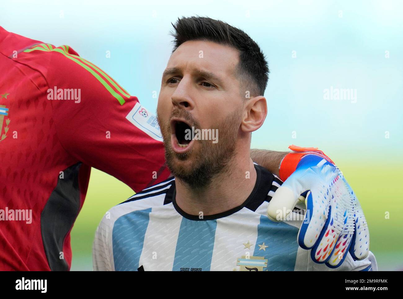 Argentina's Lionel Messi sings the National Anthem prior to the World ...