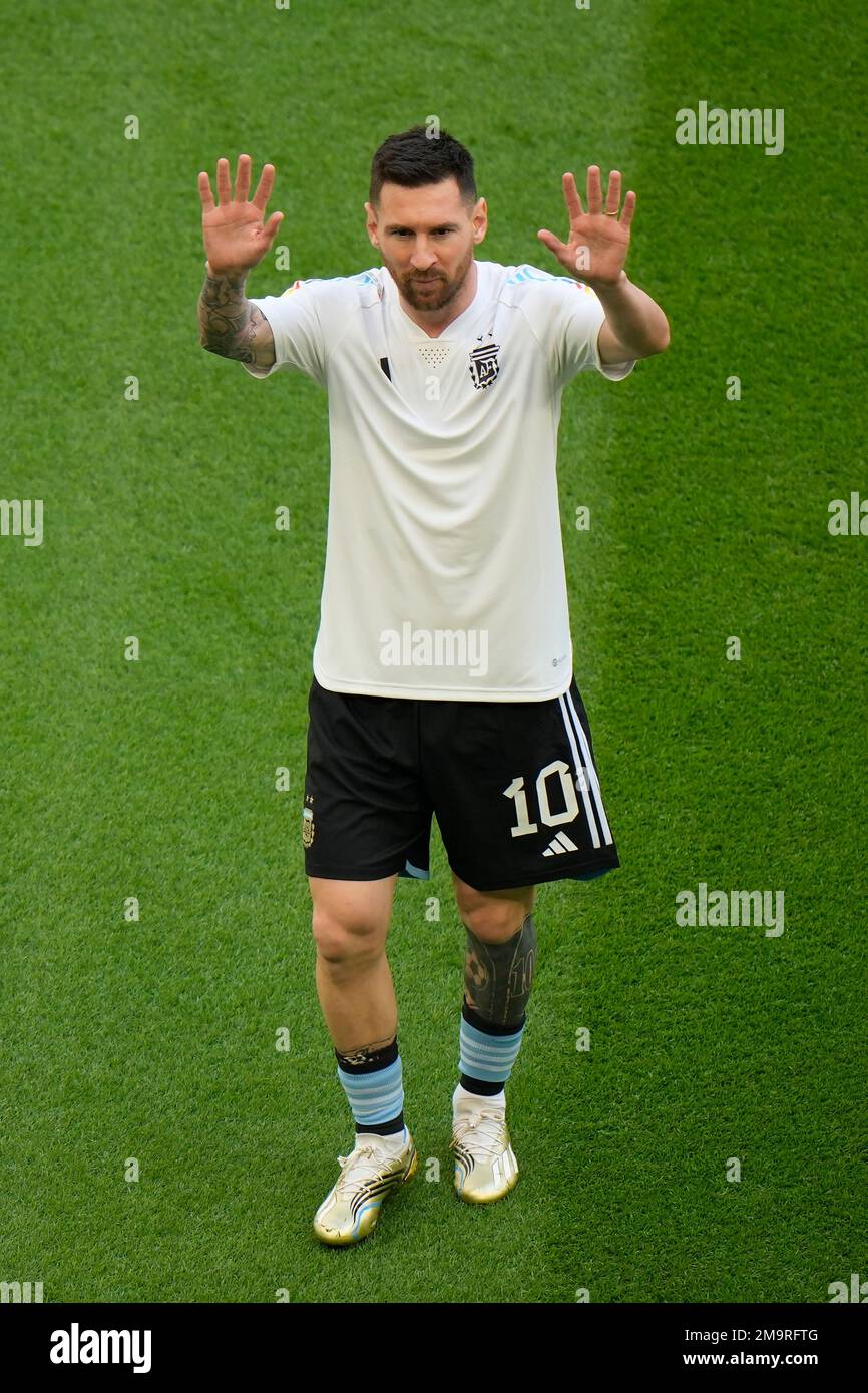 Argentina's Lionel Messi waves to the spectators ahead of the World Cup ...