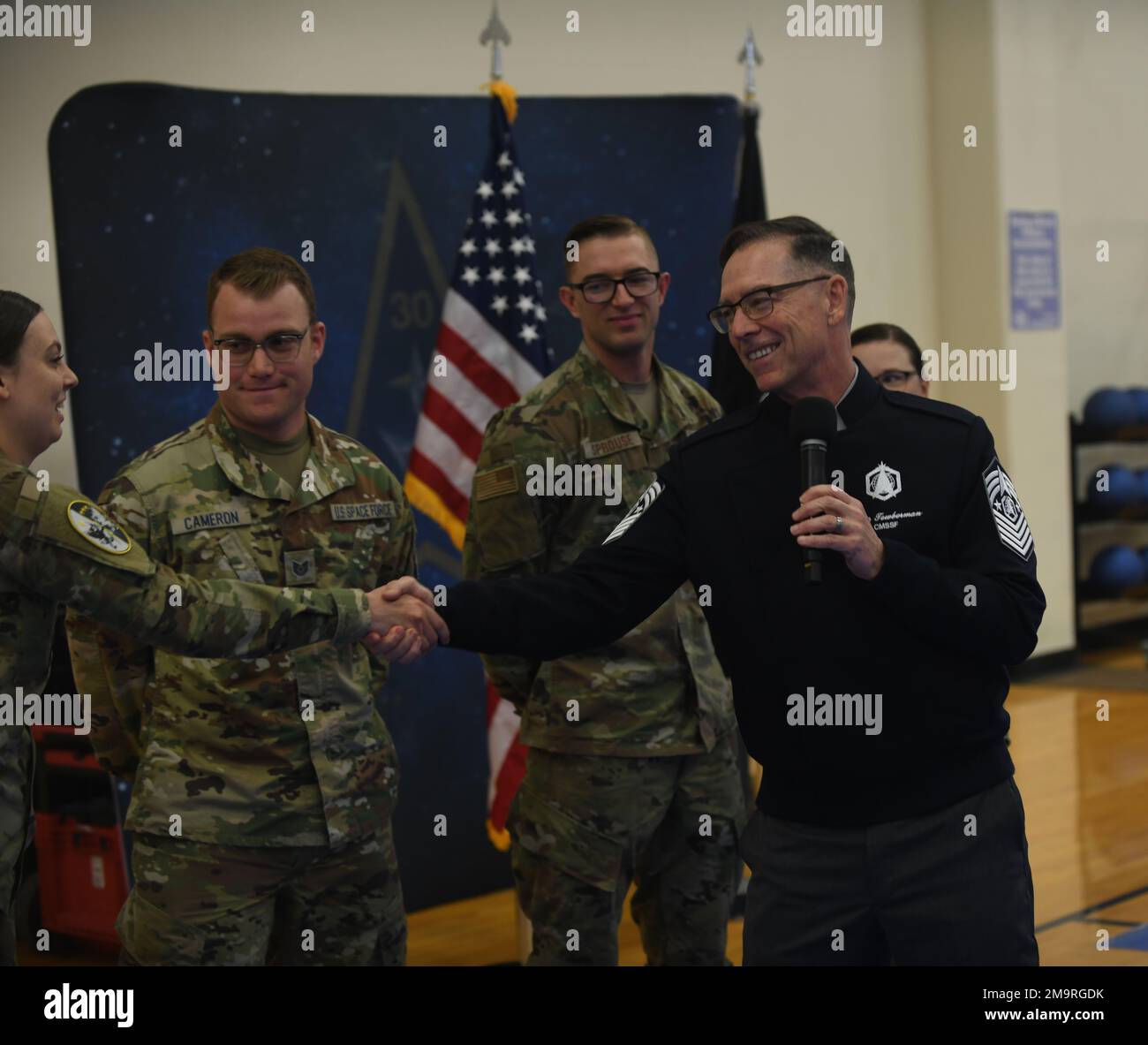 Chief Master Sgt. of the Space Force, Roger A. Towberman, shakes the ...