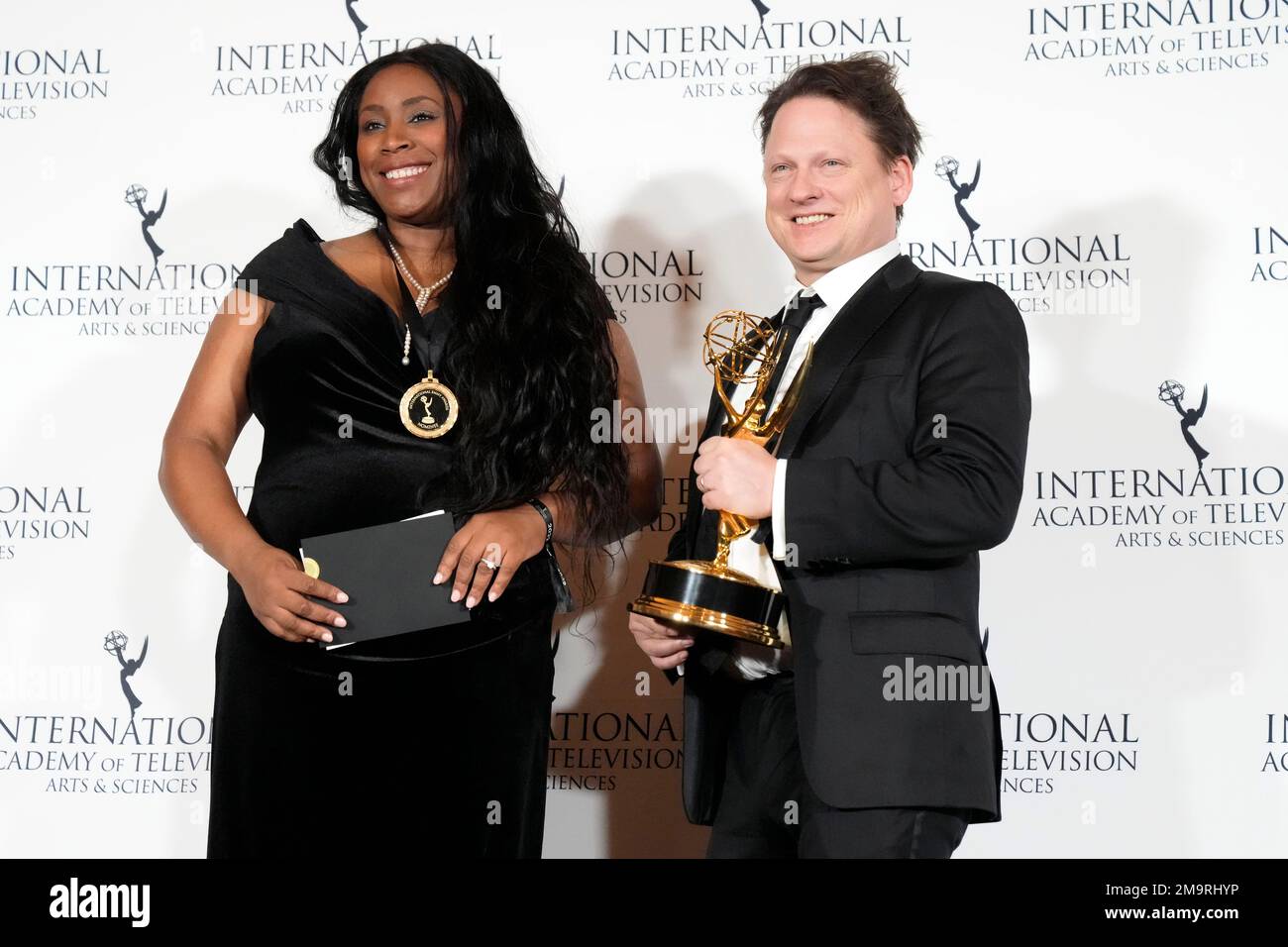 Soleta Rogan and James Rogan appear in the press room after accepting ...
