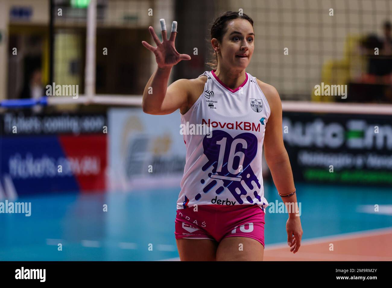 Monika Potokar #16 of Nova KBM Branik Maribor in action during CEV Cup women 2022/23 volleyball ...