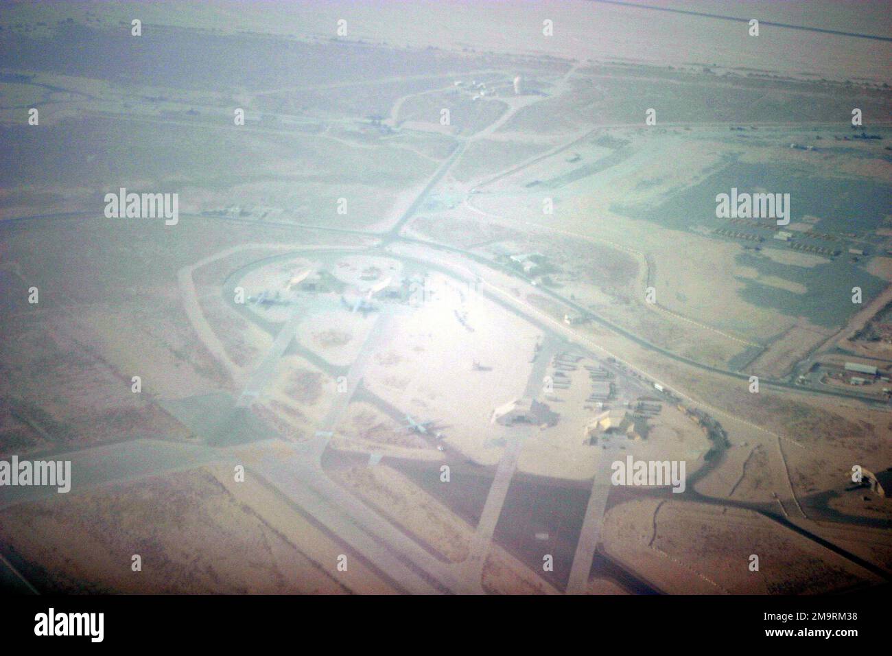 Aerial shot of a harden aircraft shelter area at Ahmed Al Jaber Air ...