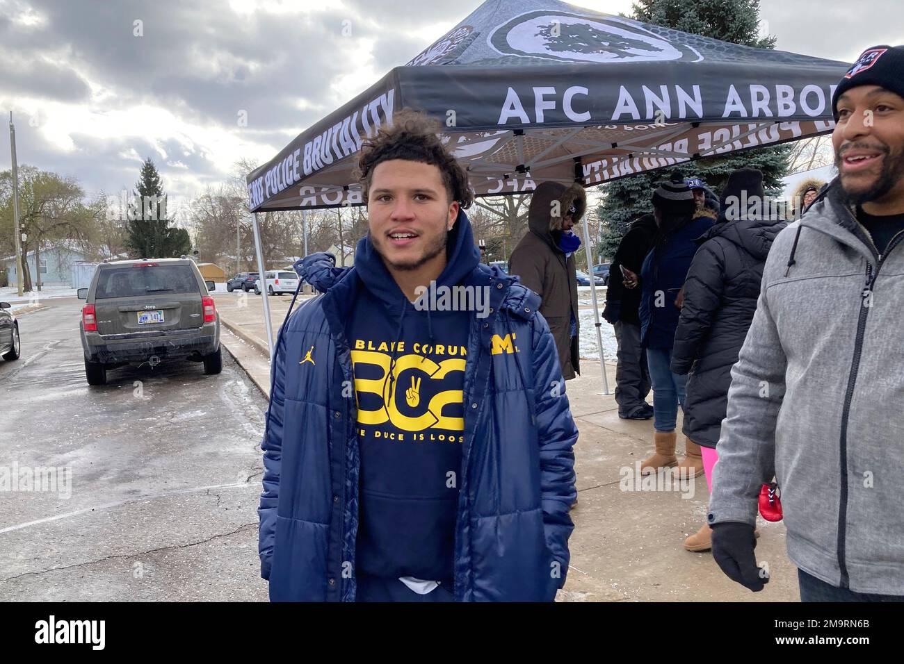 Michigan running back Blake Corum looks on during a turkey dinner ...