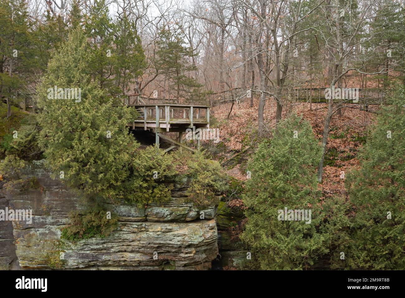 Wooden platform overlooking Wildcat Canyon on a cloudy Winter morning ...