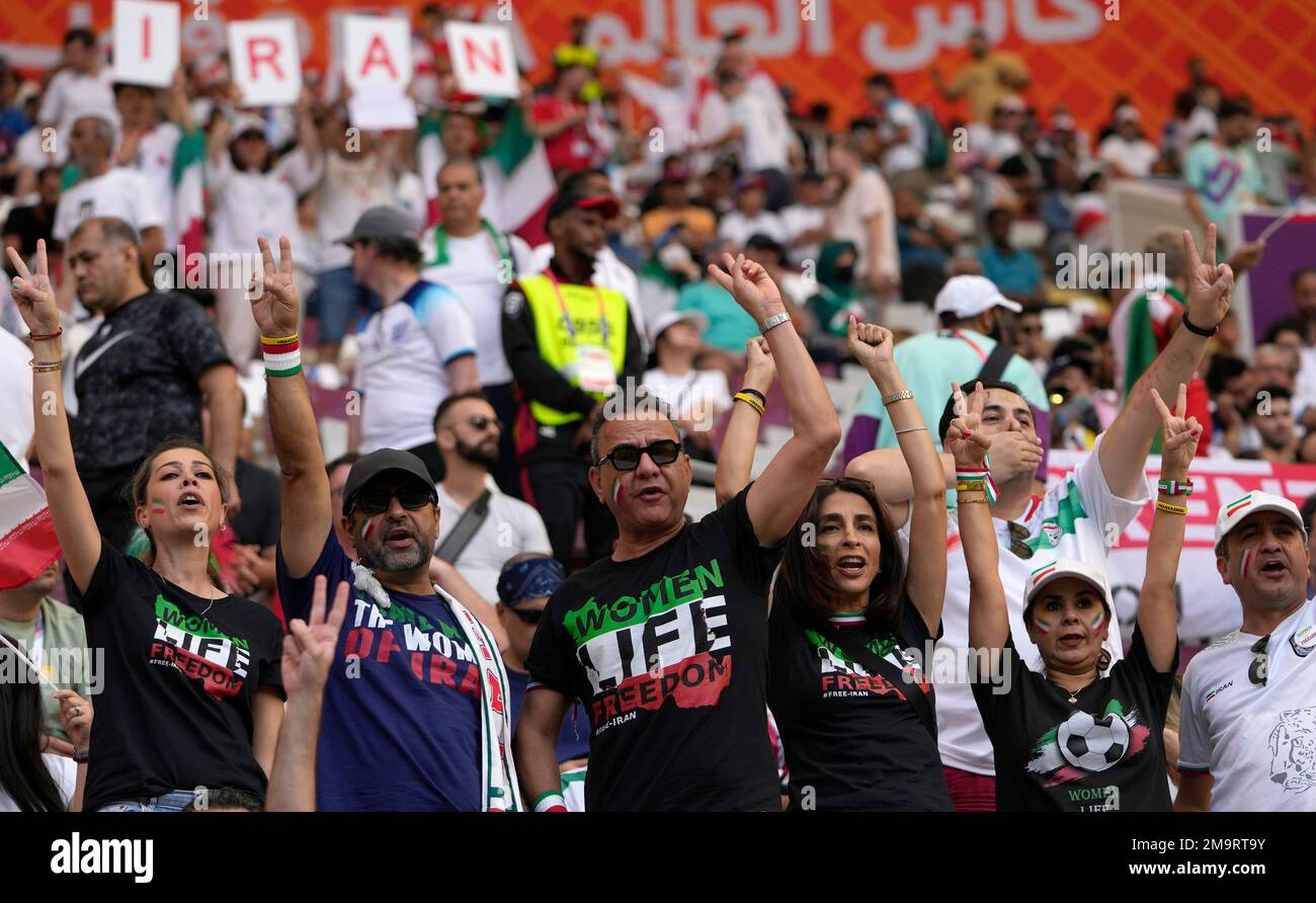 Iranian soccer fans shout slogan "Woman Life Freedom" prior to the ...