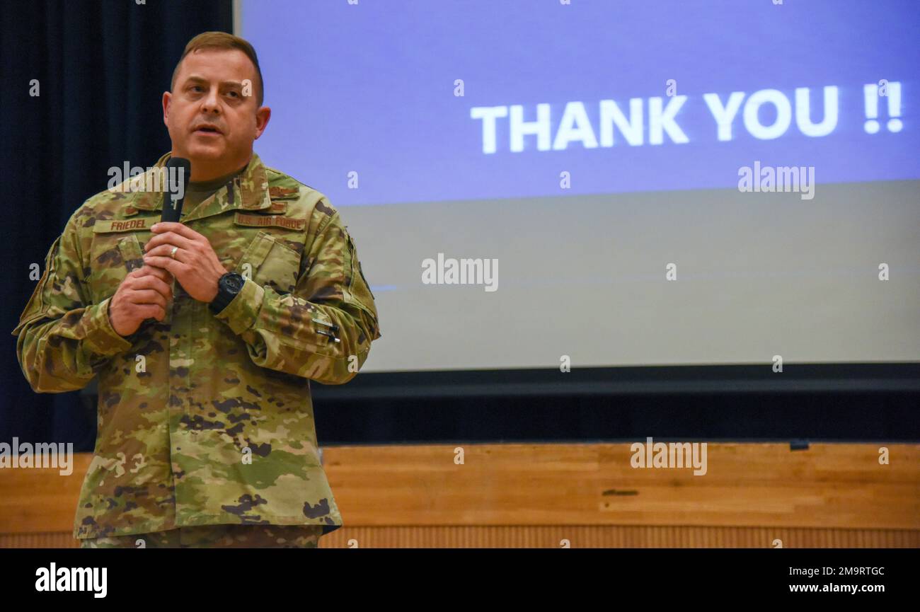 U.S. Air Force Col. Jesse Friedel, 35th Fighter Wing commander, gives ...