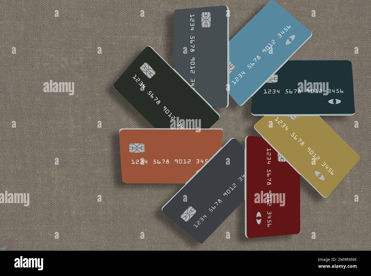 Credit cards, eight of them are arranged in a circular formation with ...