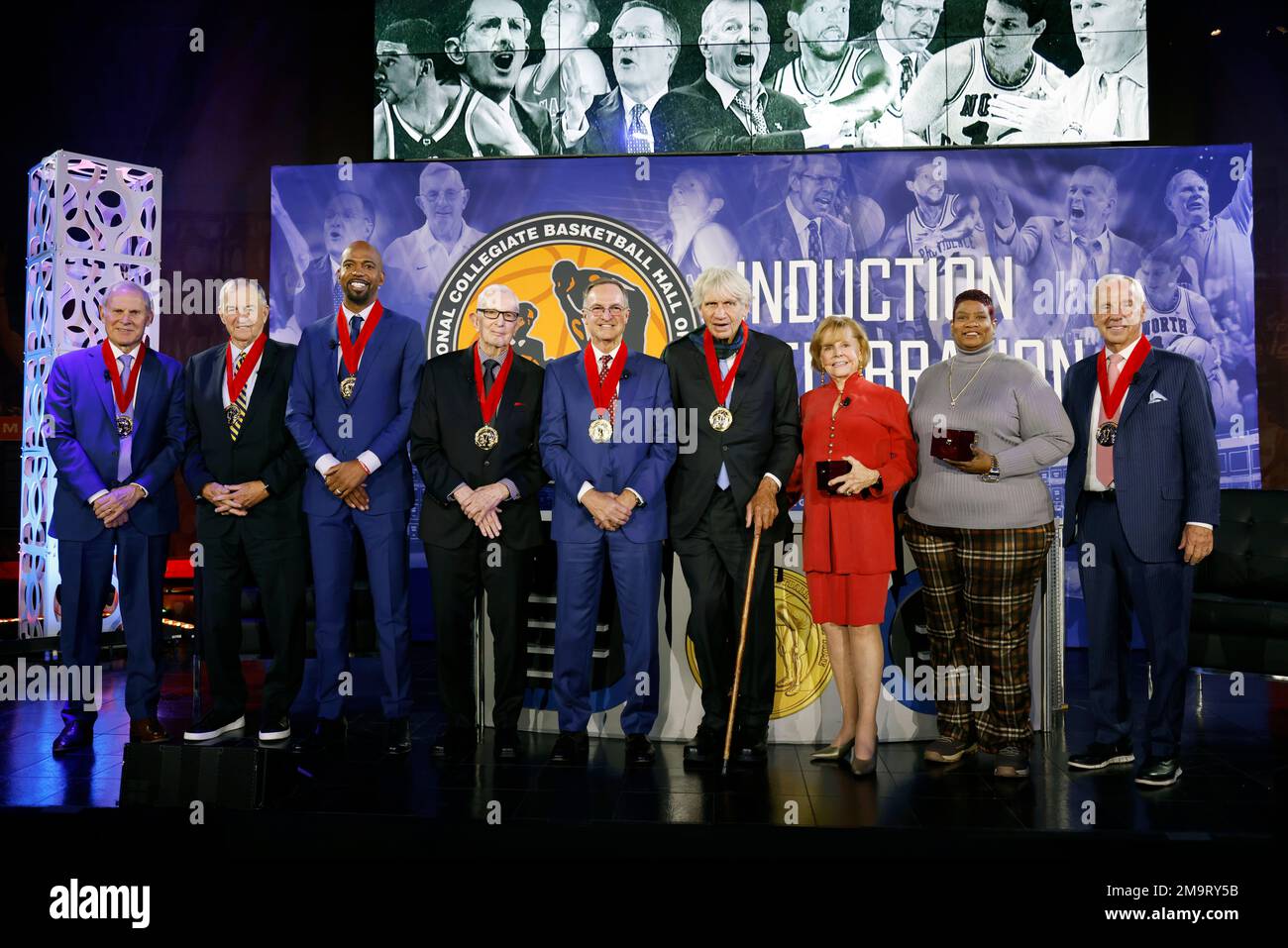 National Collegiate Basketball Hall of Fame inductees, from left; John ...