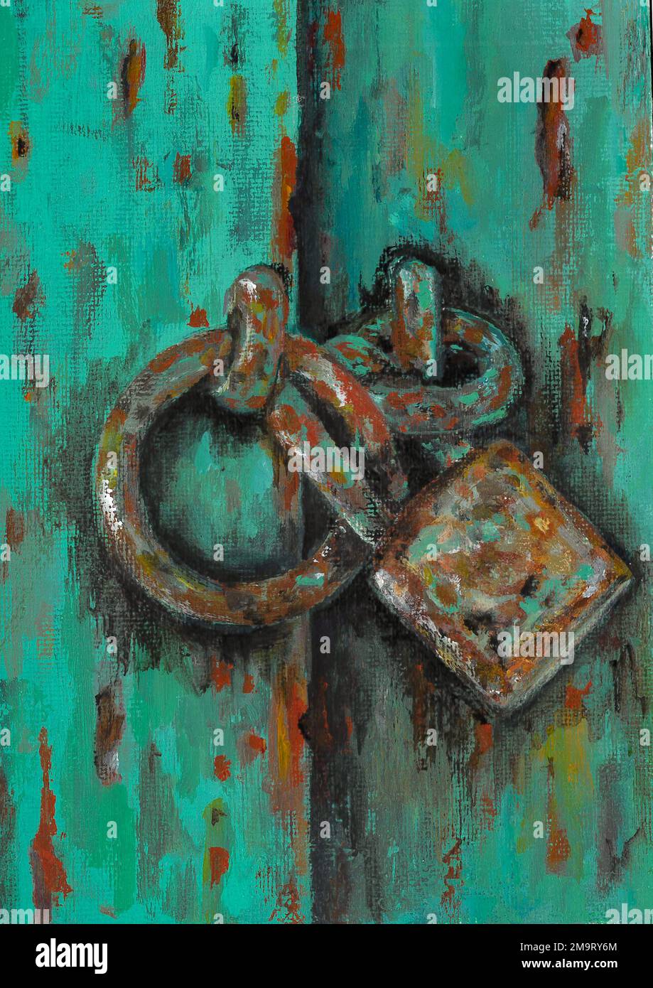 Detail picture of an old and rusted door lock. Acrylic art work Stock ...