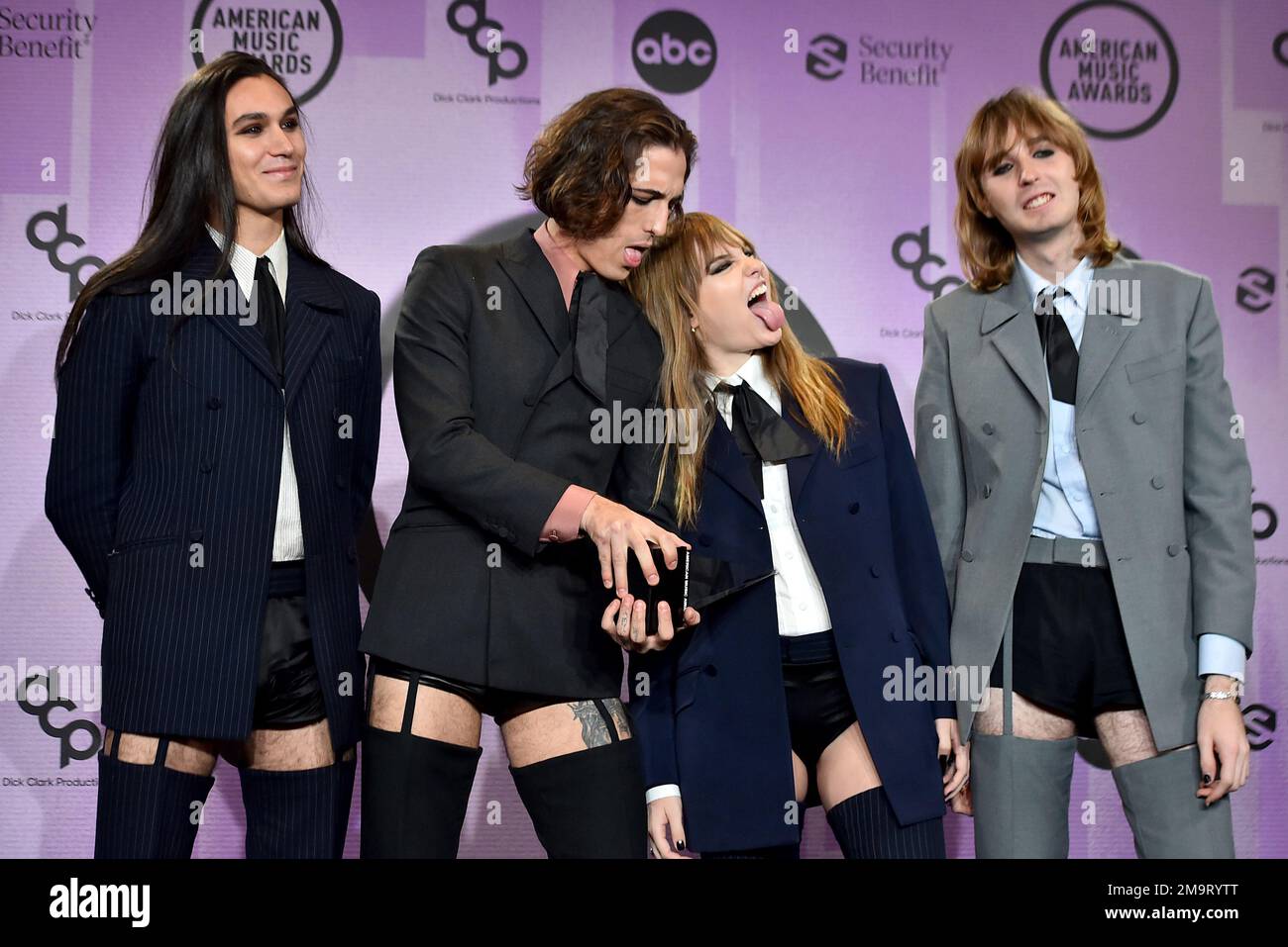 Ethan Torchio, from left, Damiano David, Victoria De Angelis and Thomas Raggi of Maneskin pose ...