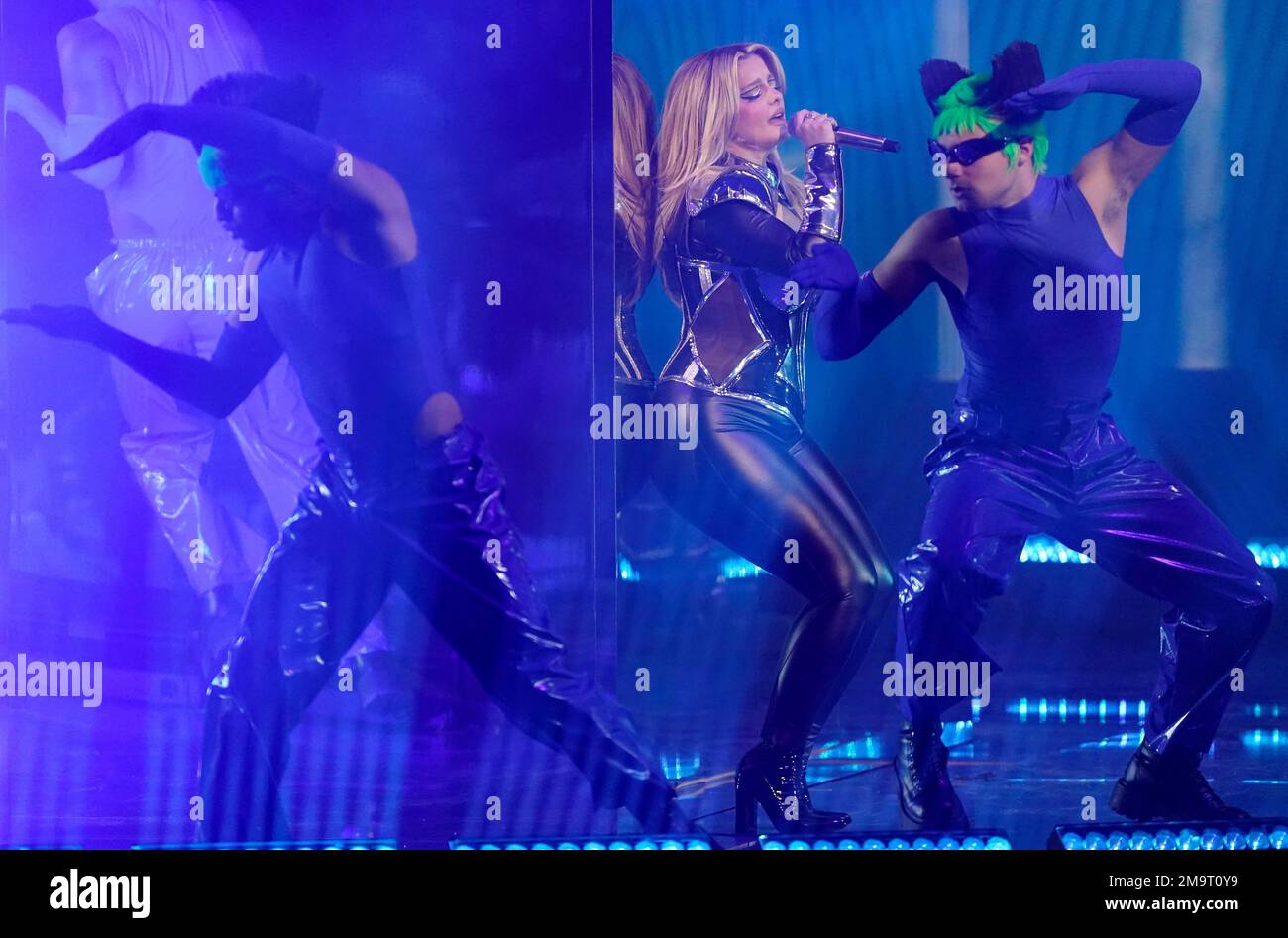 Bebe Rexha performs "I'm Good (Blue)" at the American Music Awards on ...