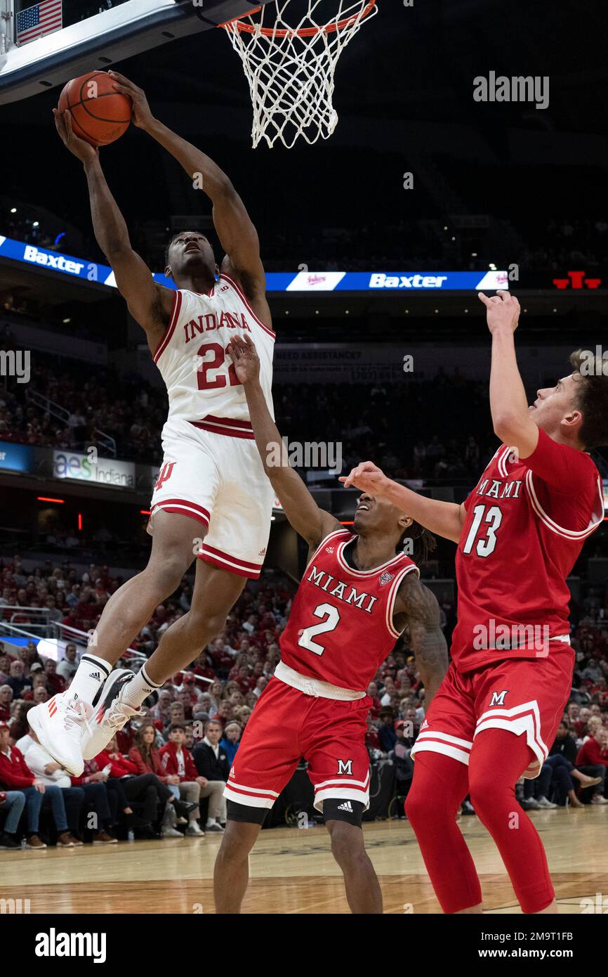 Indiana forward Jordan Geronimo (22) shoots off a rebound over Miami (Ohio) guard Mekhi Lairy (2 ...
