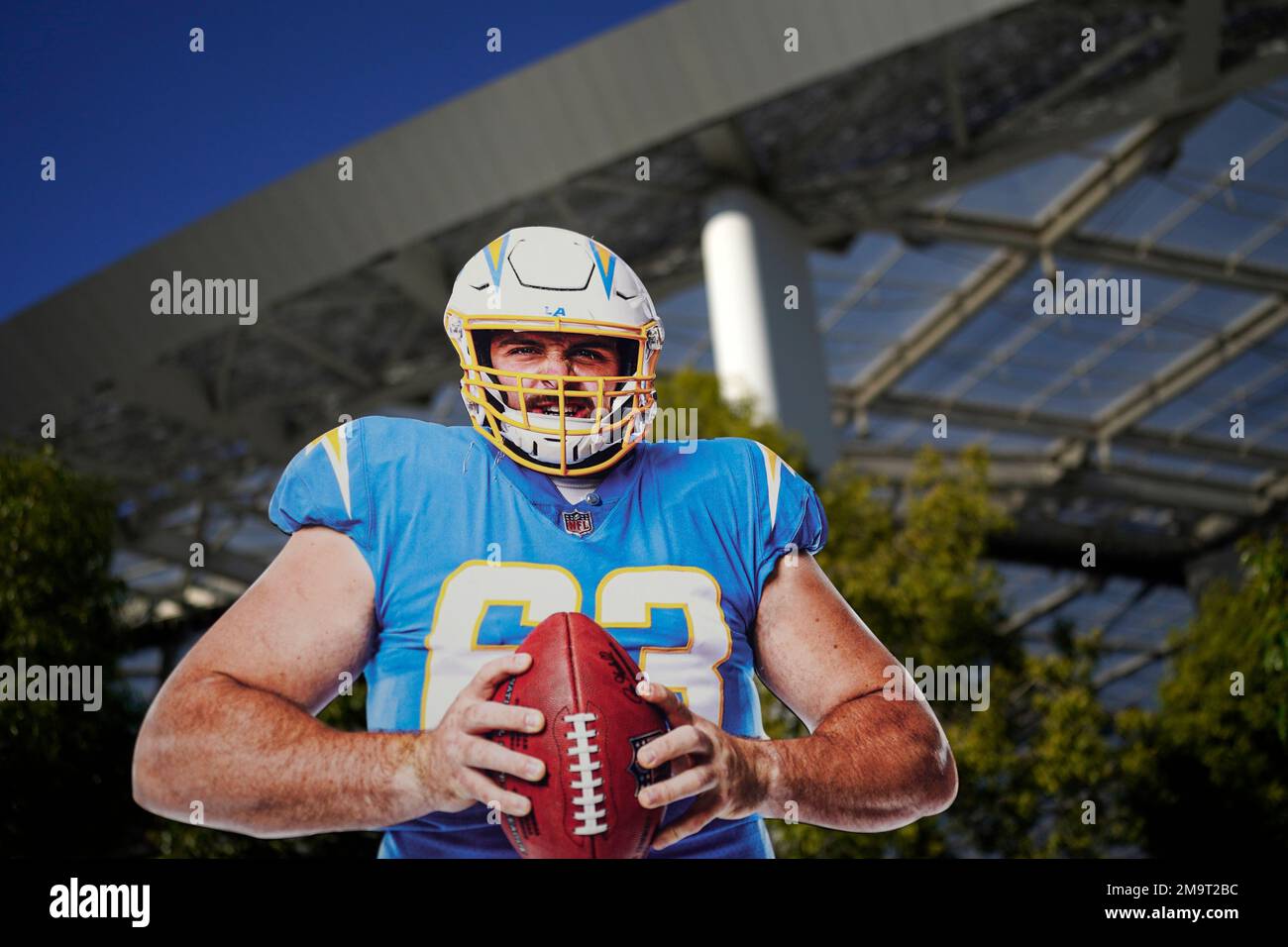 A cutout of Los Angeles Chargers center Corey Linsley is seen outside ...