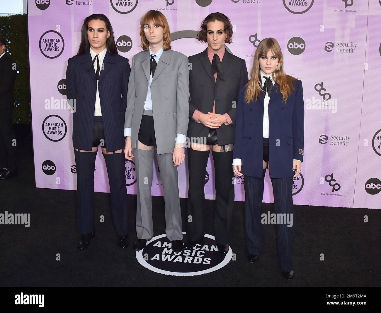 Ethan Torchio, from left, Thomas Raggi, Damiano David and Victoria De Angelis of Maneskin arrive ...