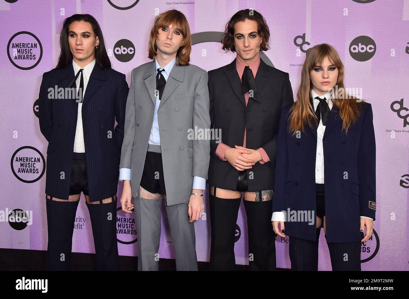 Ethan Torchio, from left, Thomas Raggi, Damiano David and Victoria De Angelis of Maneskin arrive ...