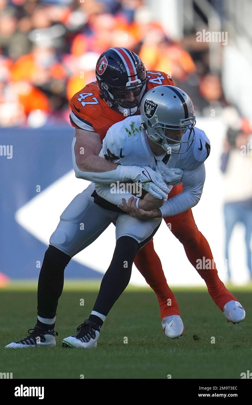Denver Broncos linebacker Josey Jewell (47) sacks Las Vegas Raiders ...