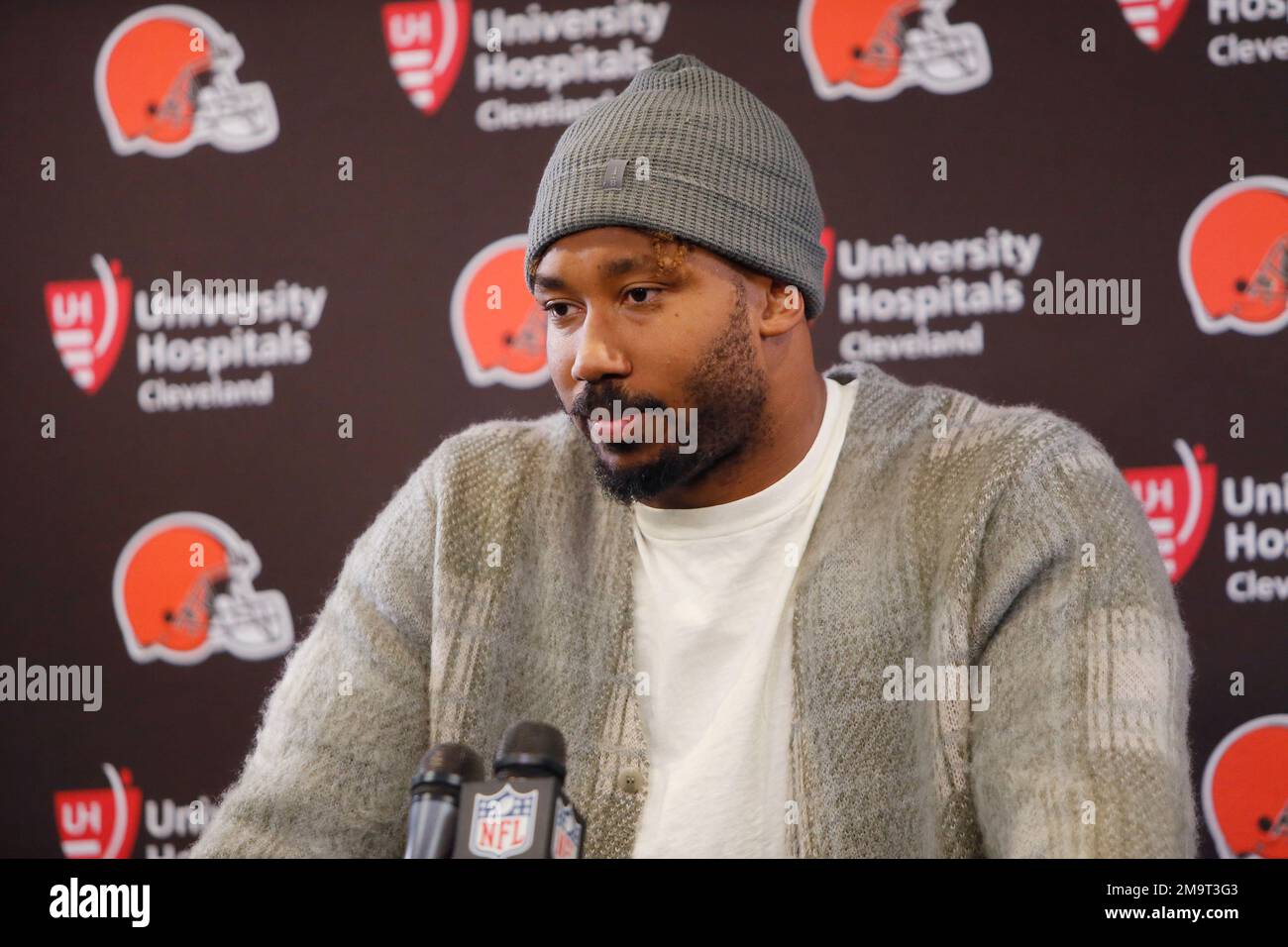 Cleveland Browns defensive end Myles Garrett addresses the media after ...