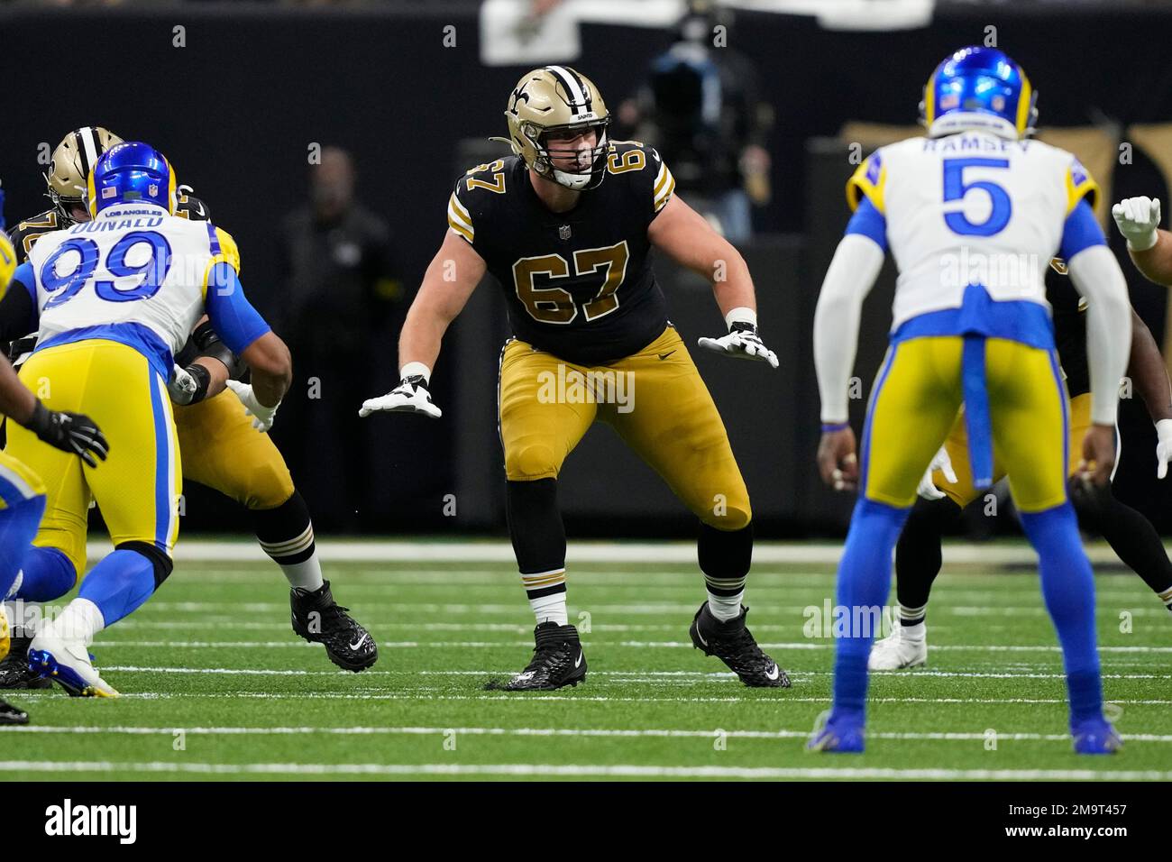 New Orleans Saints offensive tackle Landon Young (67) plays against the ...