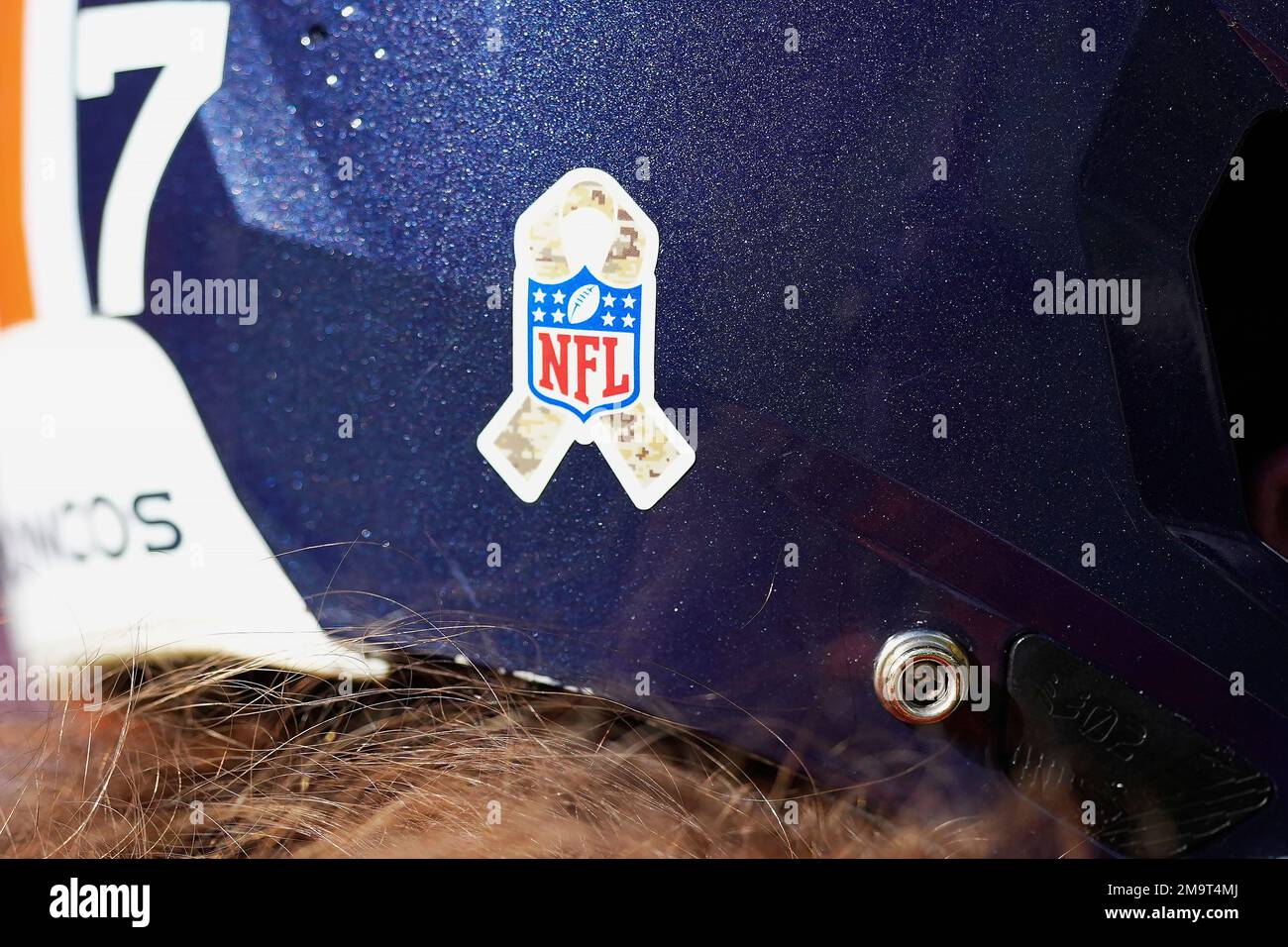 A Salute to Service logo is shown on a helmet before an NFL football ...