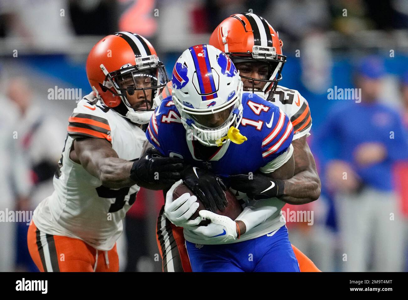 Buffalo Bills wide receiver Stefon Diggs (14) is tackled by Cleveland ...