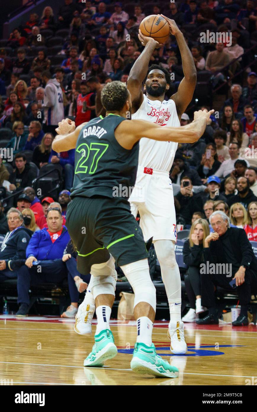 Philadelphia 76ers' Joel Embiid, right, in action against Minnesota Timberwolves' Rudy Gobert ...