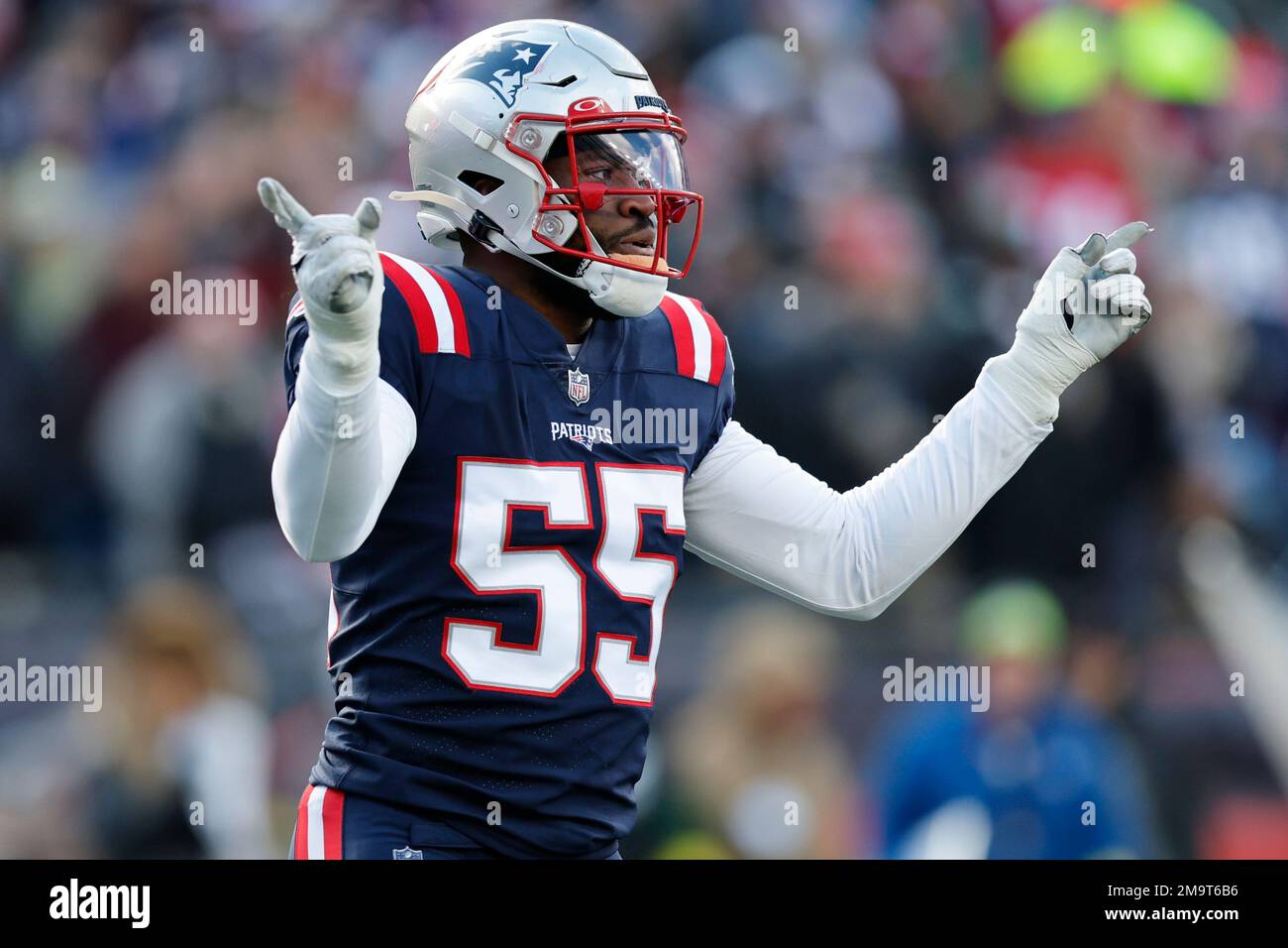 New England Patriots linebacker Josh Uche (55) during the first half of ...