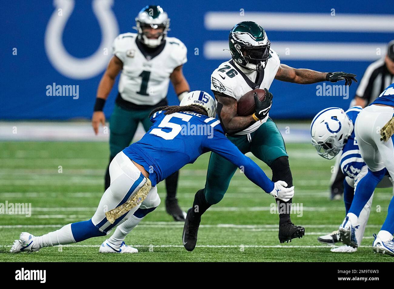 Indianapolis Colts cornerback Stephon Gilmore (5) tackles Philadelphia ...