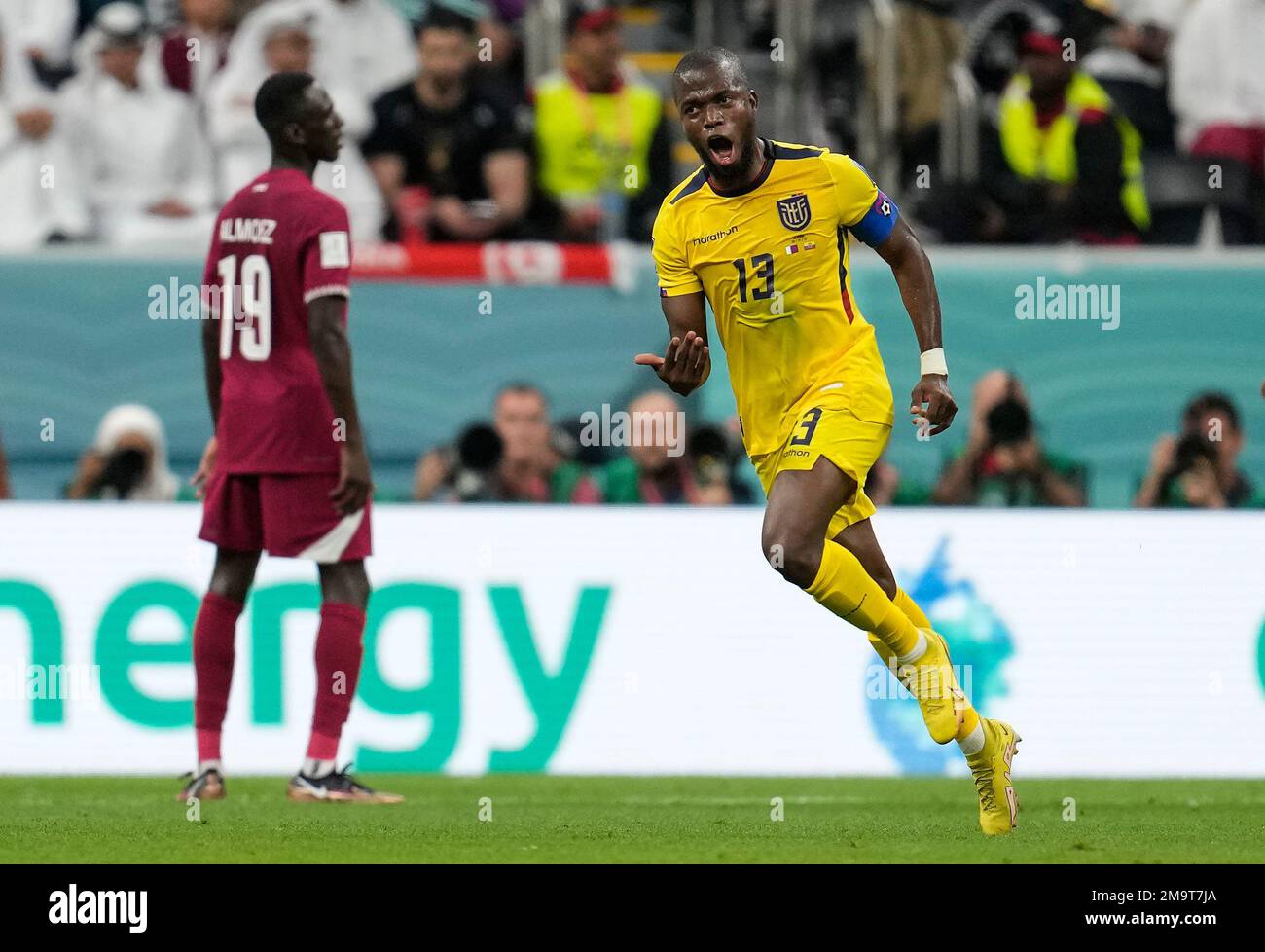 Ecuador's Enner Valencia, right, celebrates after scoring his second ...