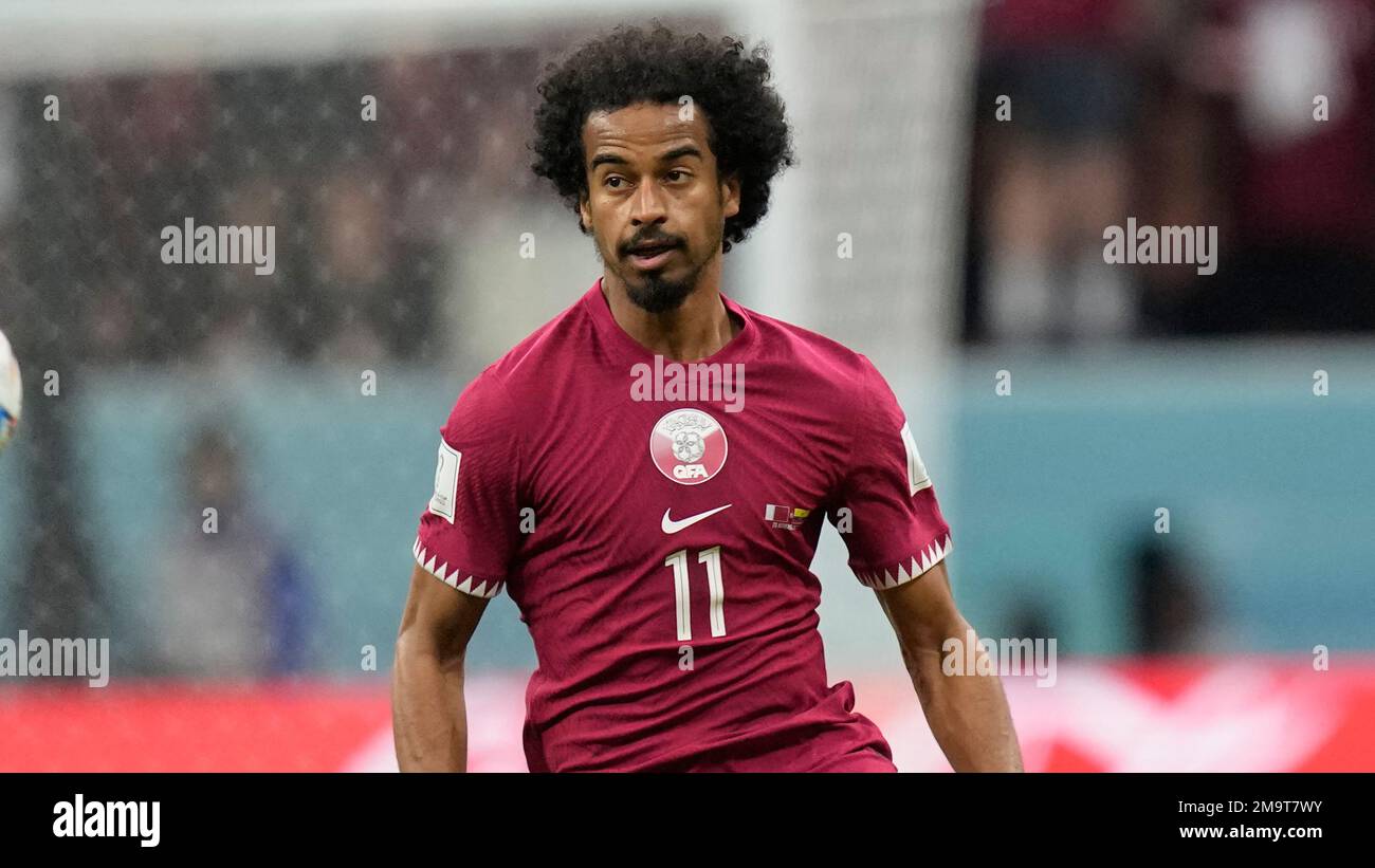 Qatar's Akram Afif in action during the World Cup, group A soccer match ...