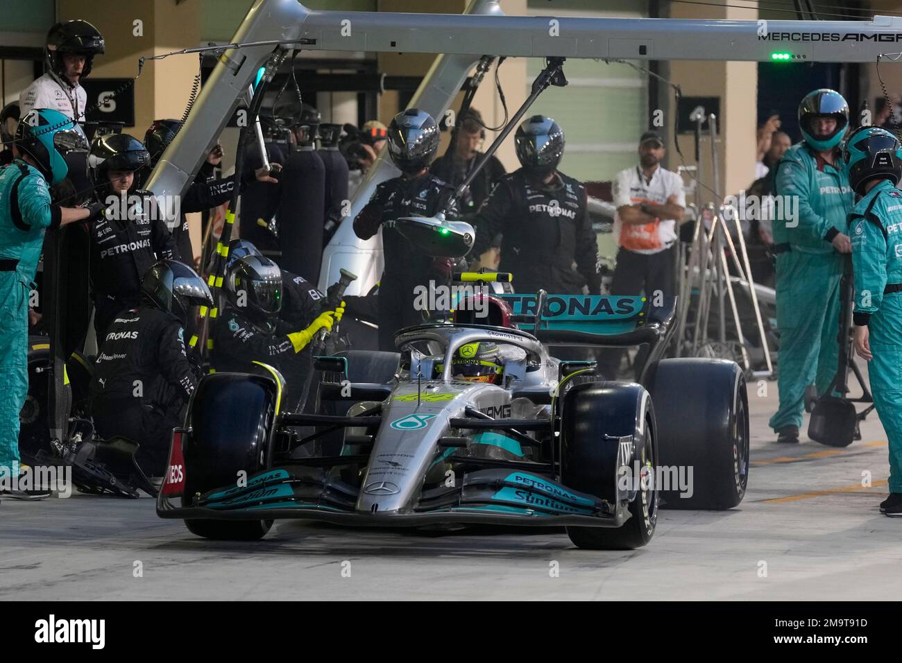 Mercedes driver Lewis Hamilton of Britain makes a pit stop during the ...