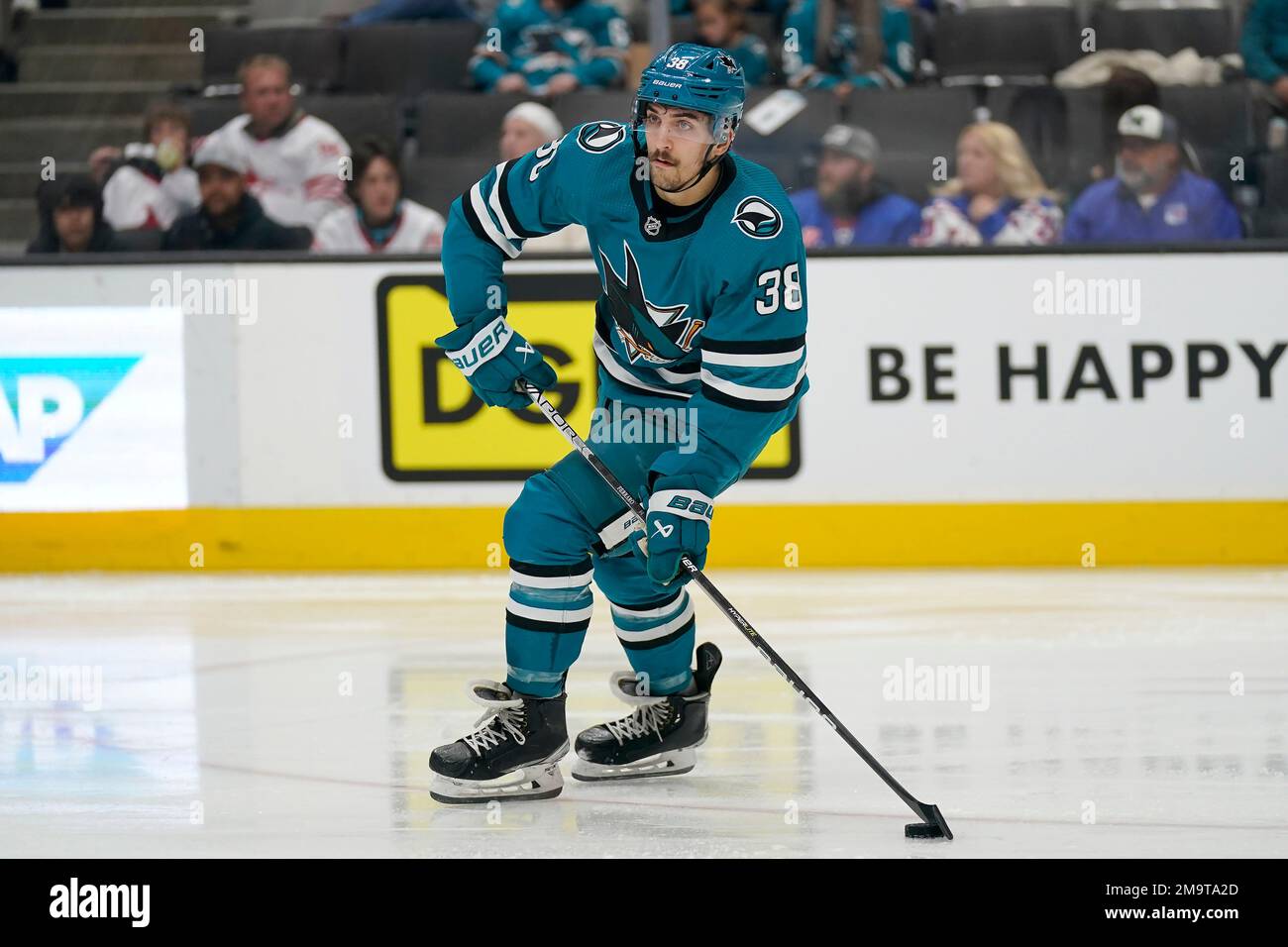 San Jose Sharks defenseman Mario Ferraro skates with the puck against ...