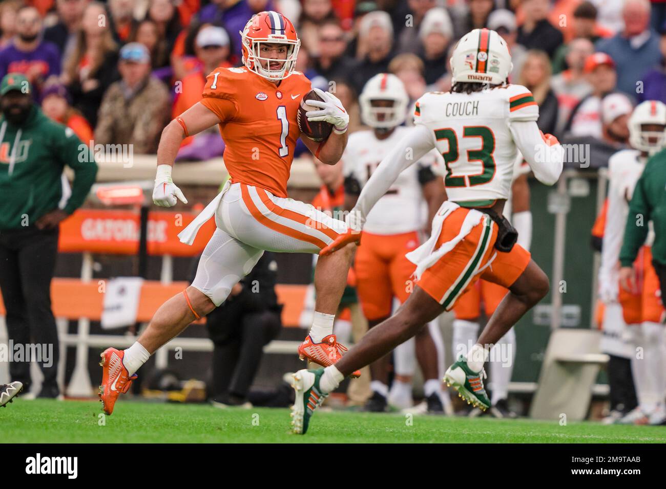 Miami cornerback Te'Cory Couch (23) defends against Clemson running ...