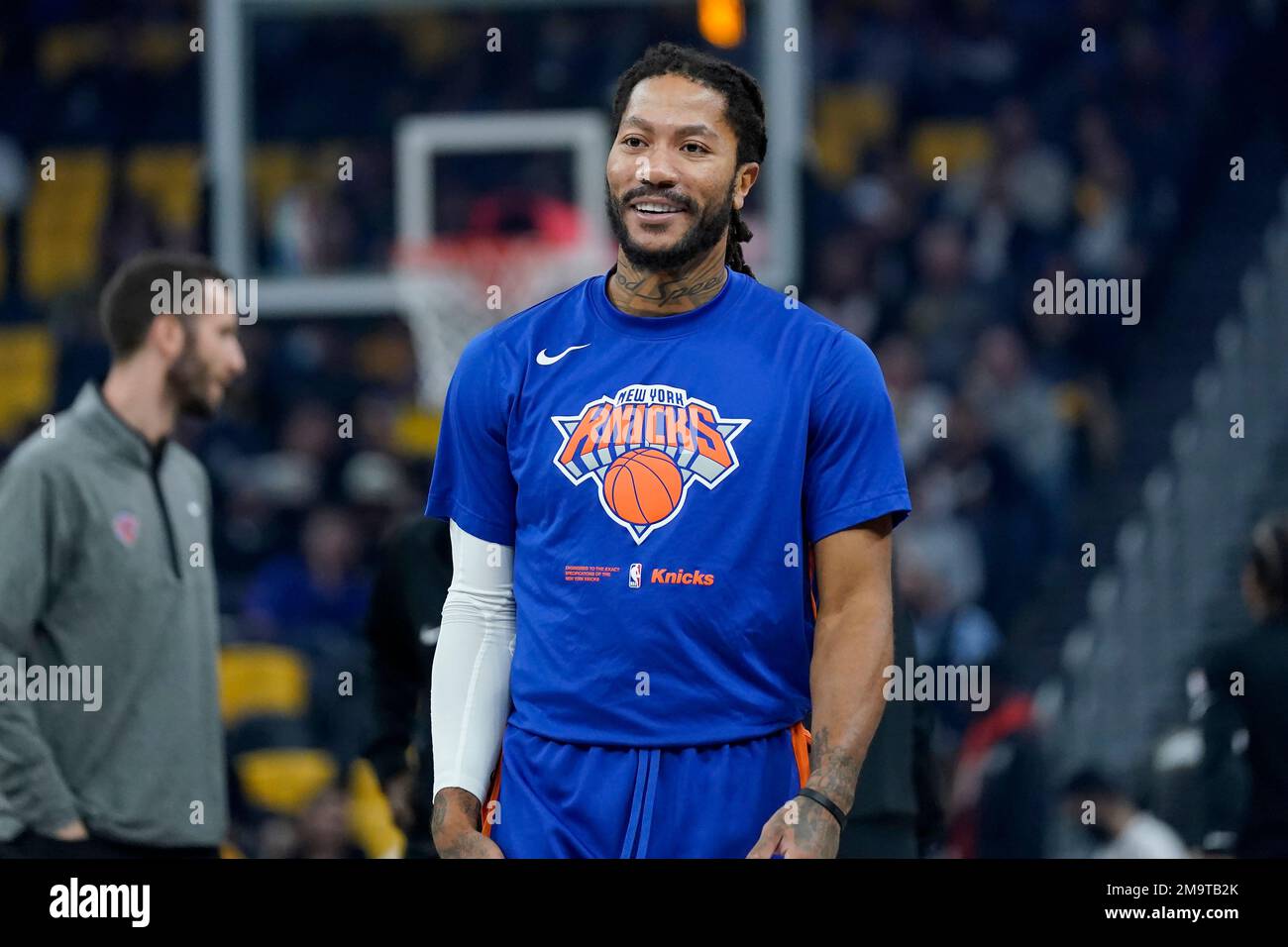 New York Knicks guard Derrick Rose before an NBA basketball game ...