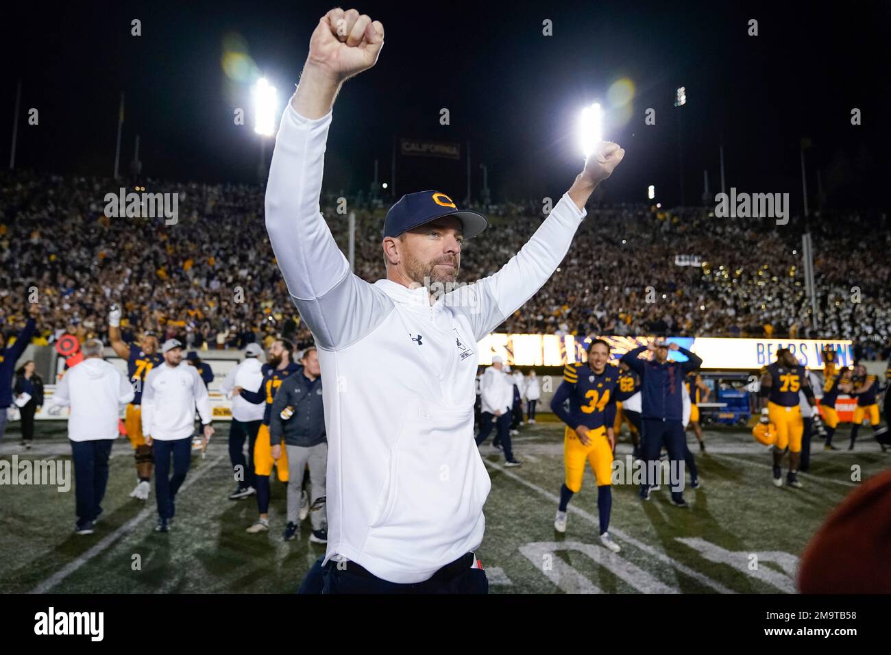 California head coach Justin Wilcox celebrates after the team's 27-20 ...