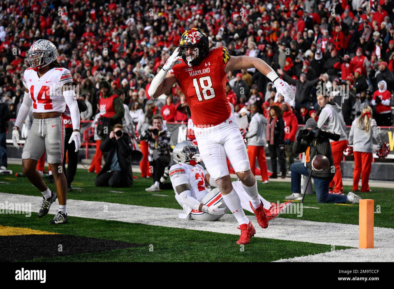 Maryland tight end CJ Dippre (18) celebrates his touchdown during the ...