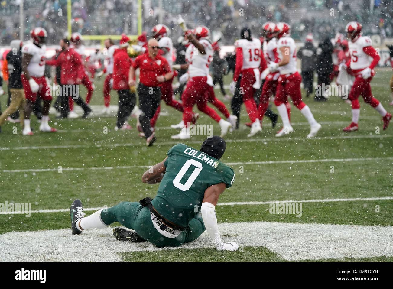 Michigan State wide receiver Keon Coleman sits in the end zone as ...