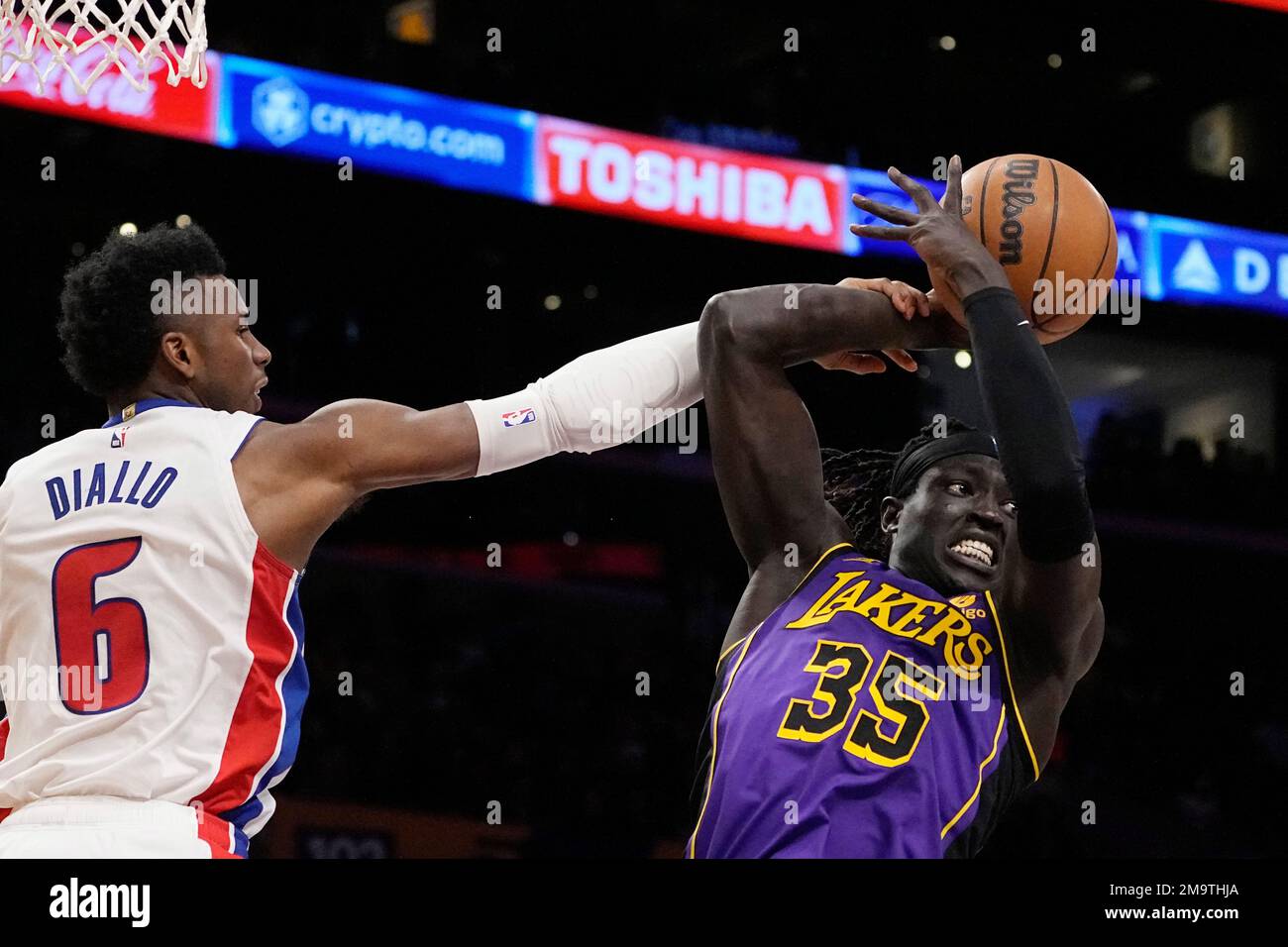 Los Angeles Lakers forward Wenyen Gabriel, right, grabs a rebound away ...